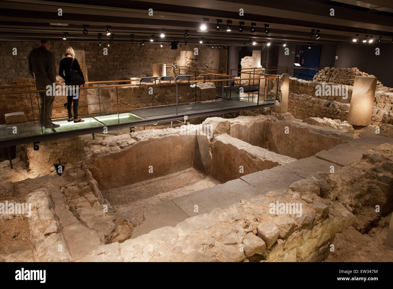 Spain, Barcelona, City History Museum (MUHBA), large fish tanks, ancient Roman salted fish and ...