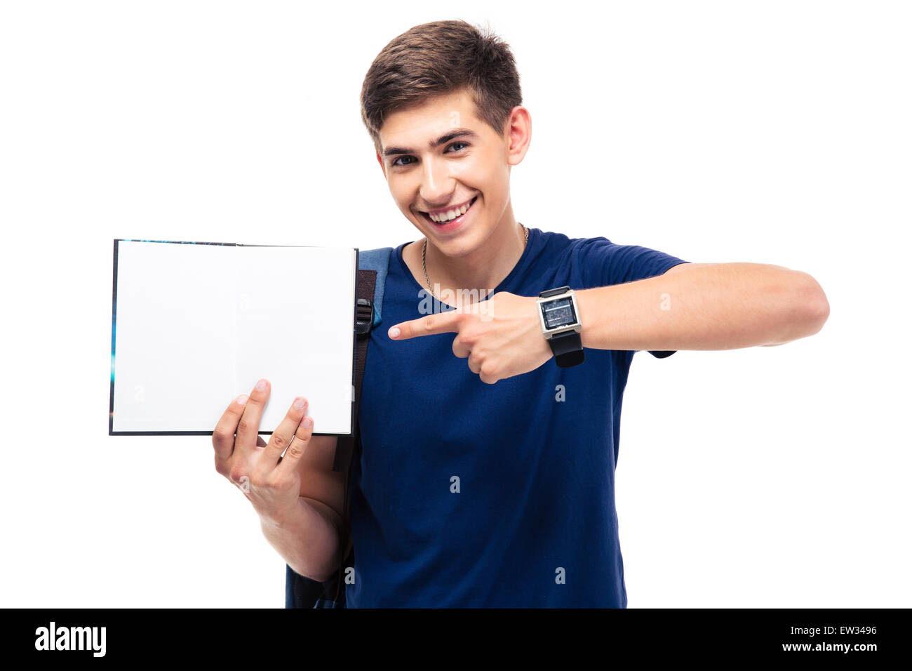 Happy male student pointing finger on blank paper isolated on a white ...