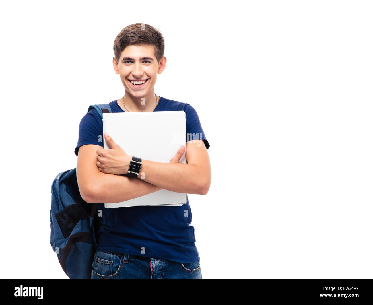 Smiling male student with backpack holding folders isolated on a white ...