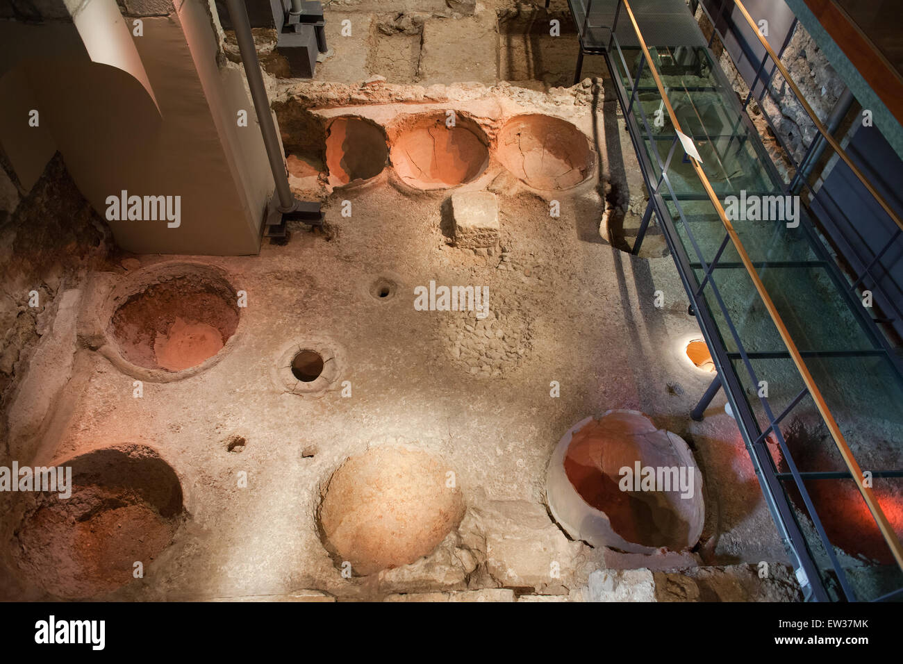 Spain, Barcelona, History of the City Museum - MUHBA, ancient Roman winery, large ceramic ...