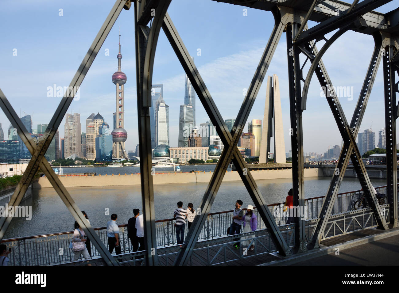 Shanghai Waibaidu Bridge with Pudong City on background Skyline ...