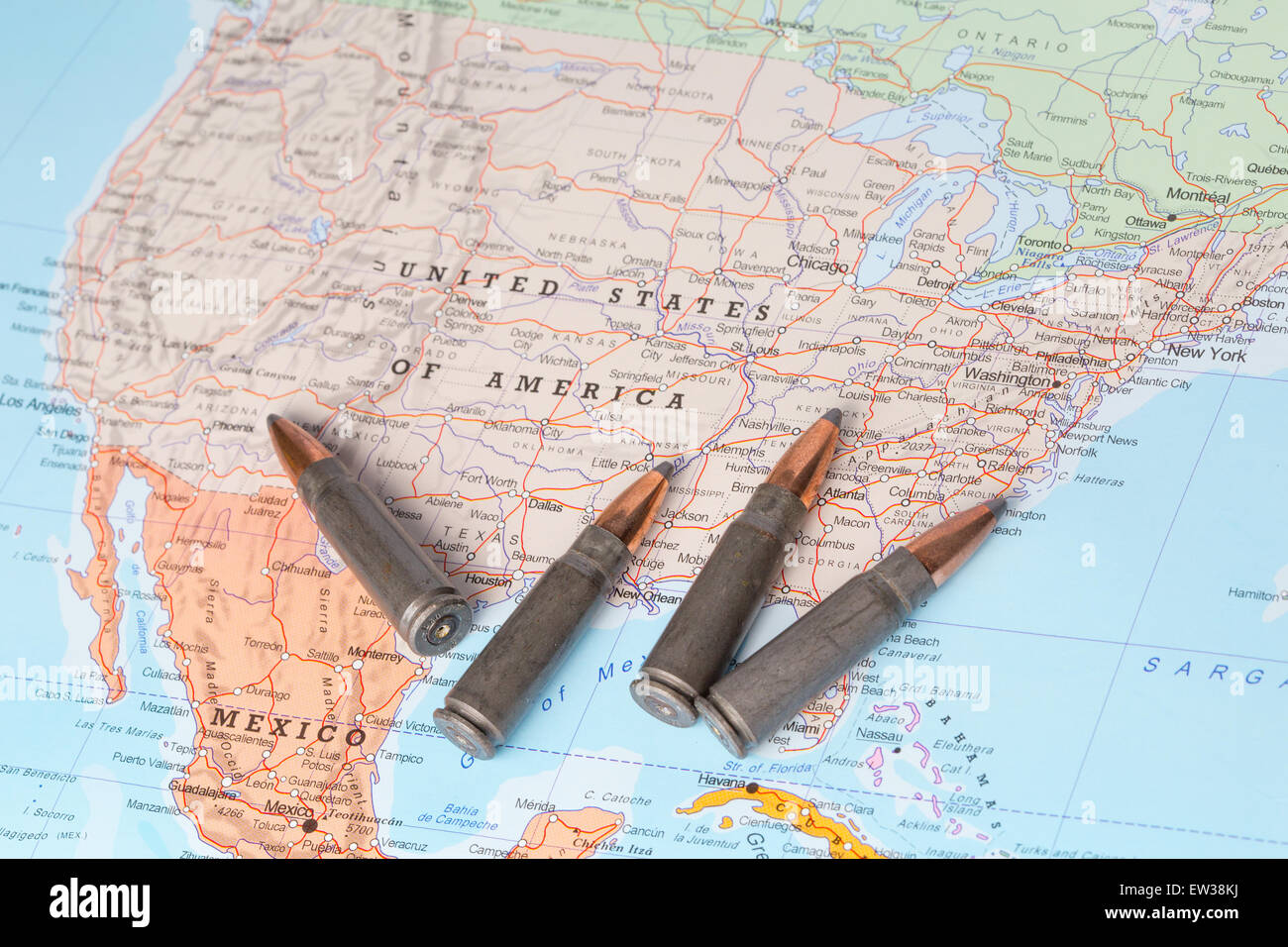 Four bullets on the geographical map of United States of America ...