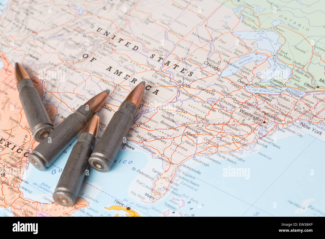 Four bullets on the geographical map of United States of America ...