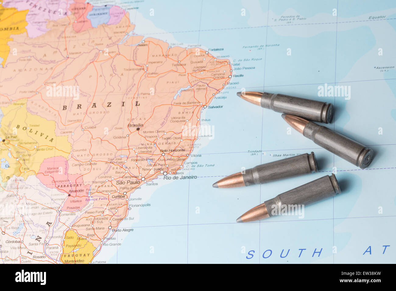 Four bullets on the geographical map of Brazil. Conceptual image for ...