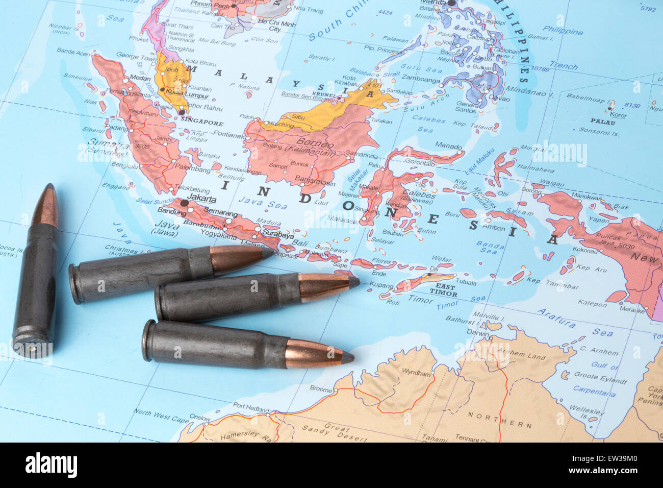 Four bullets on the geographical map of Indonesia. Conceptual image for ...