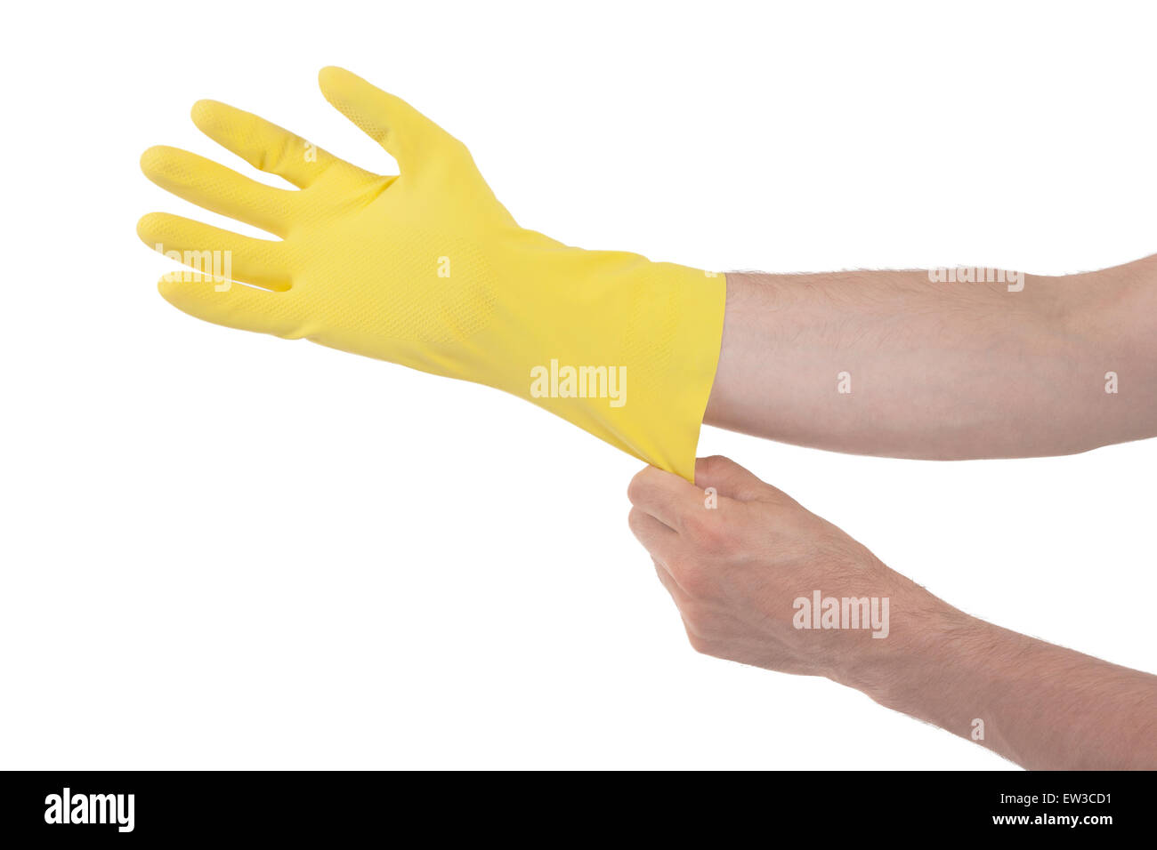 Hand in yellow glove - isolated on white background Stock Photo - Alamy