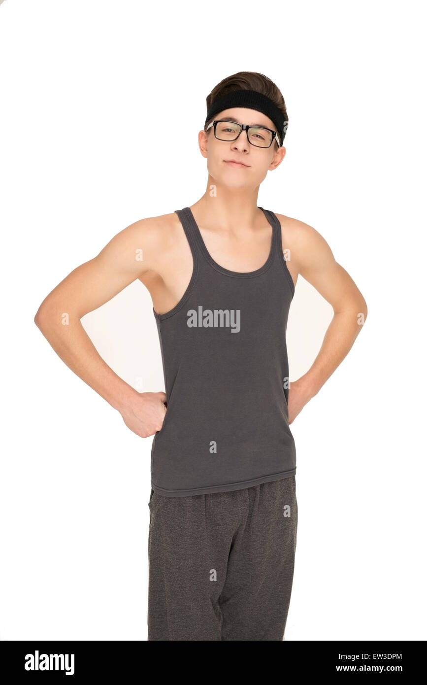 Young funny sporty nerd with glasses Stock Photo - Alamy