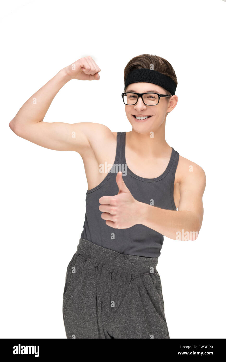 Young funny sporty nerd with glasses Stock Photo - Alamy