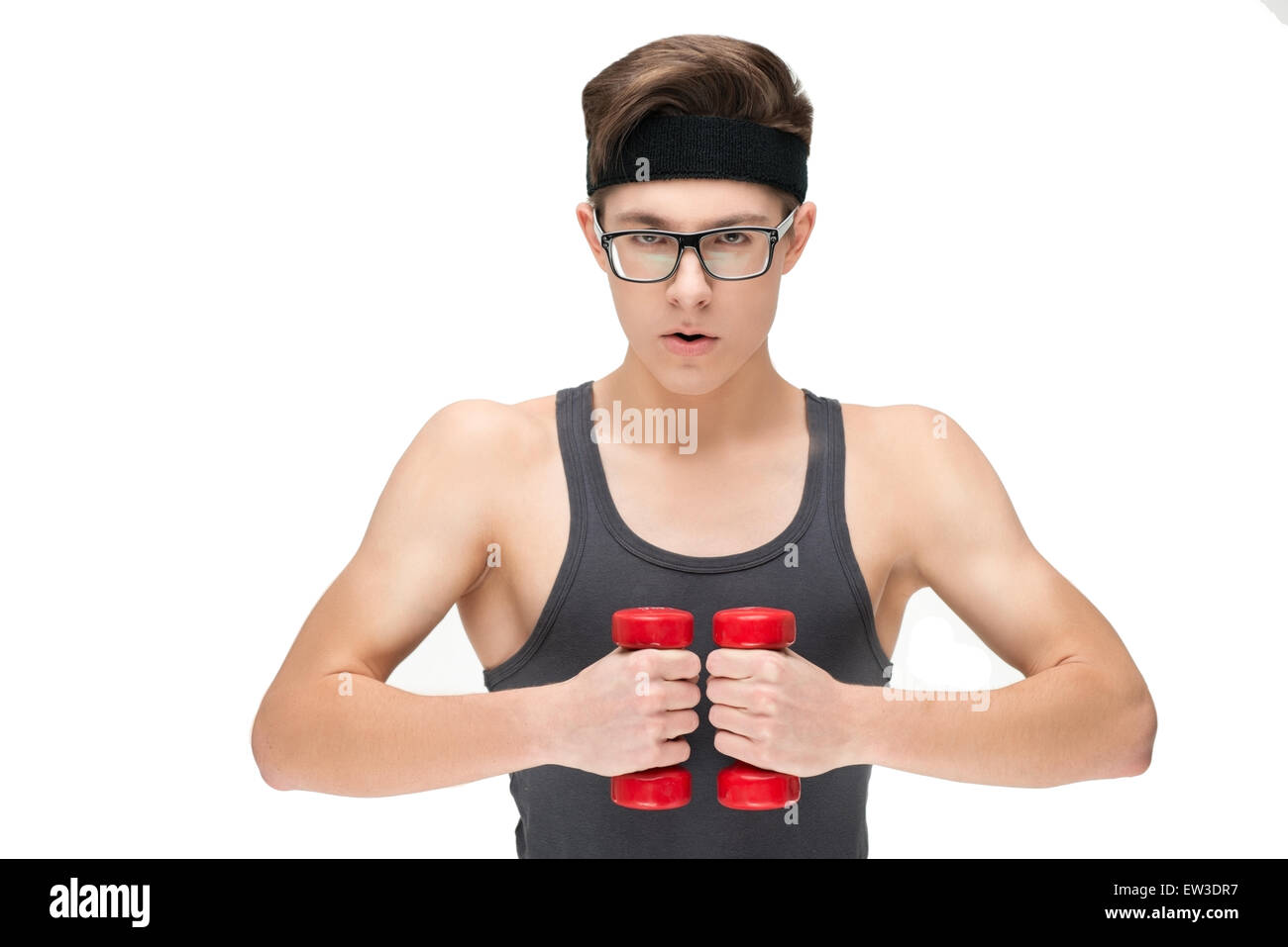 Young funny sporty nerd with glasses Stock Photo - Alamy