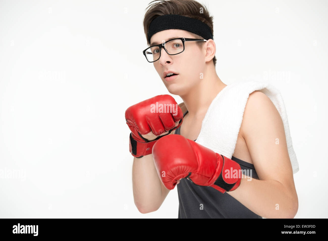 Young funny sporty nerd with glasses Stock Photo - Alamy