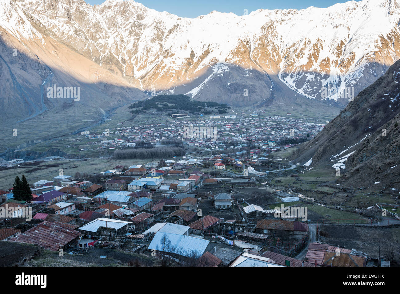 Aerial view on Gergeti village and Stepantsminda town (formerly Kazbegi ...