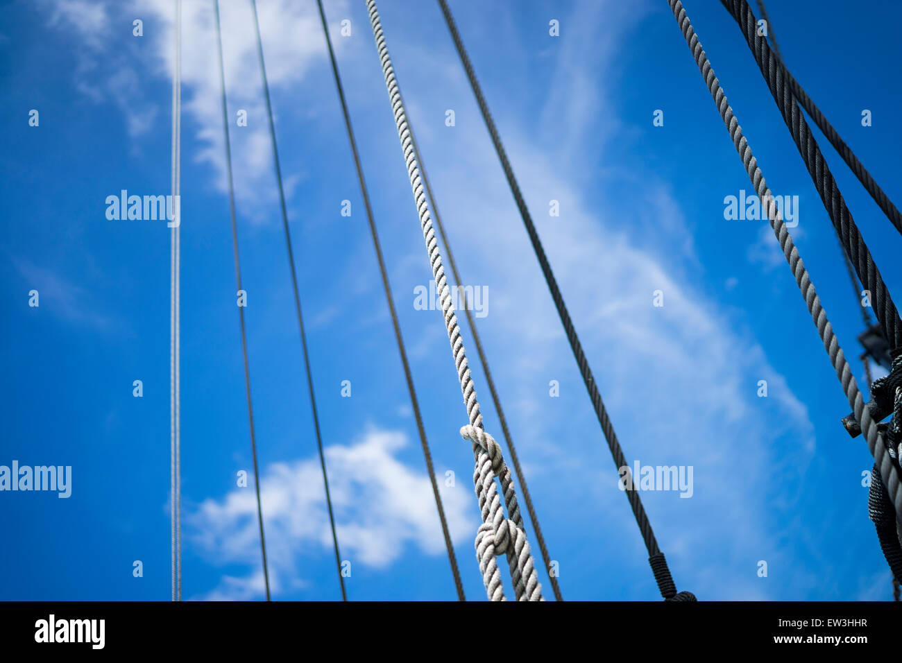A close up of ropes from the rigging of a tall ship at Portsmouth Stock ...