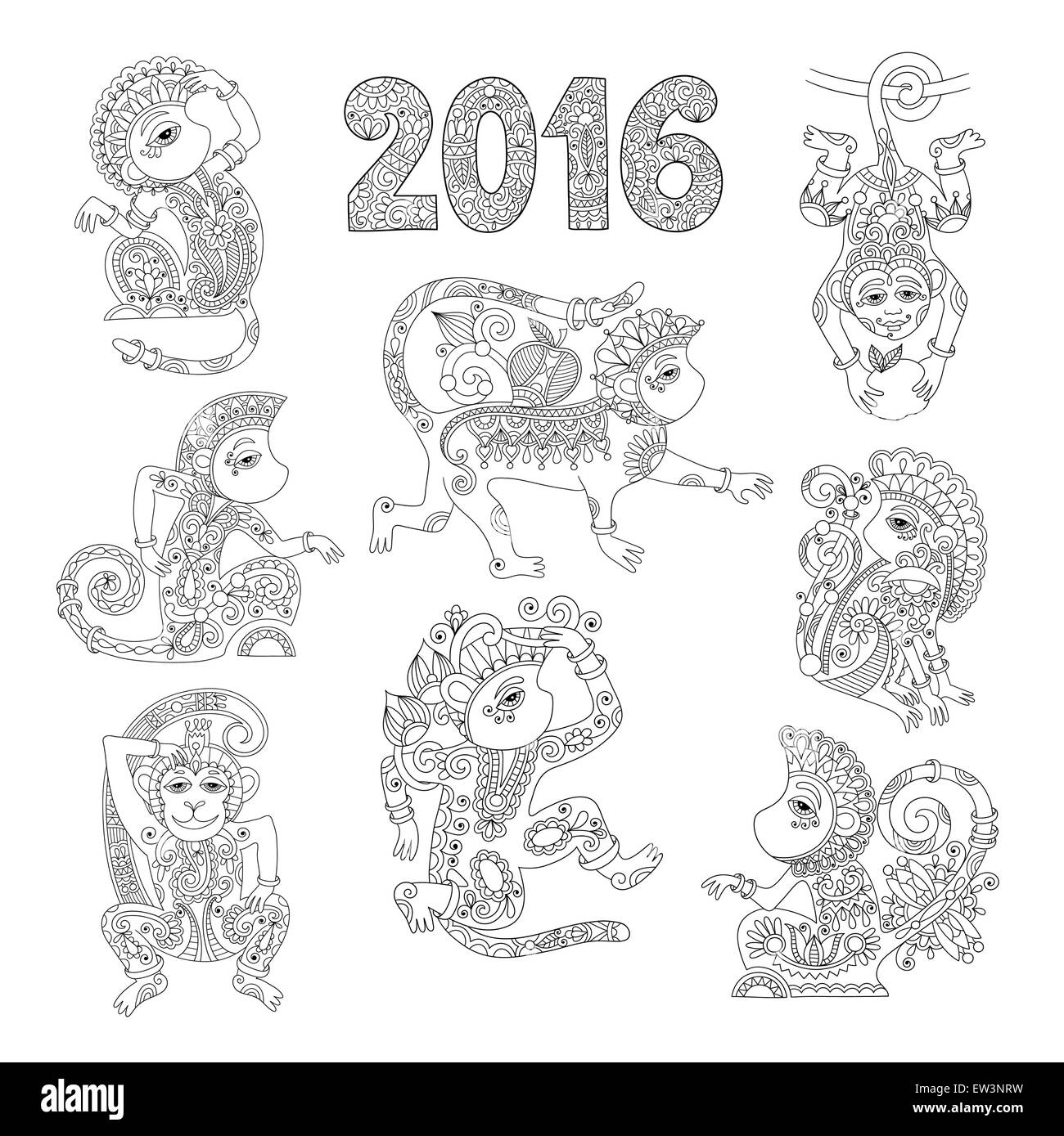 set of line art authentic decorative monkey - chinese zodiac sym Stock ...