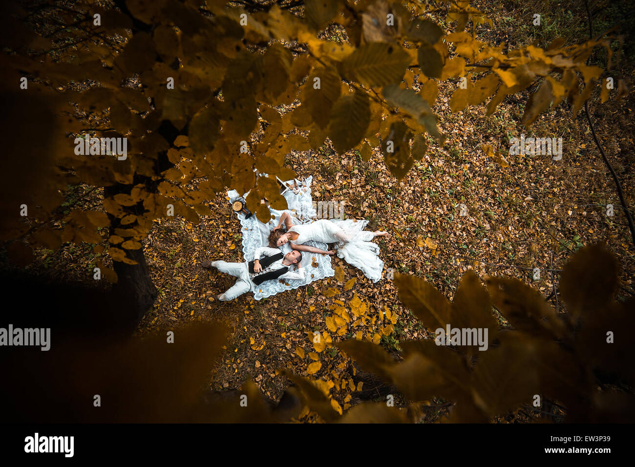 wedding couple lying under a tree Stock Photo - Alamy