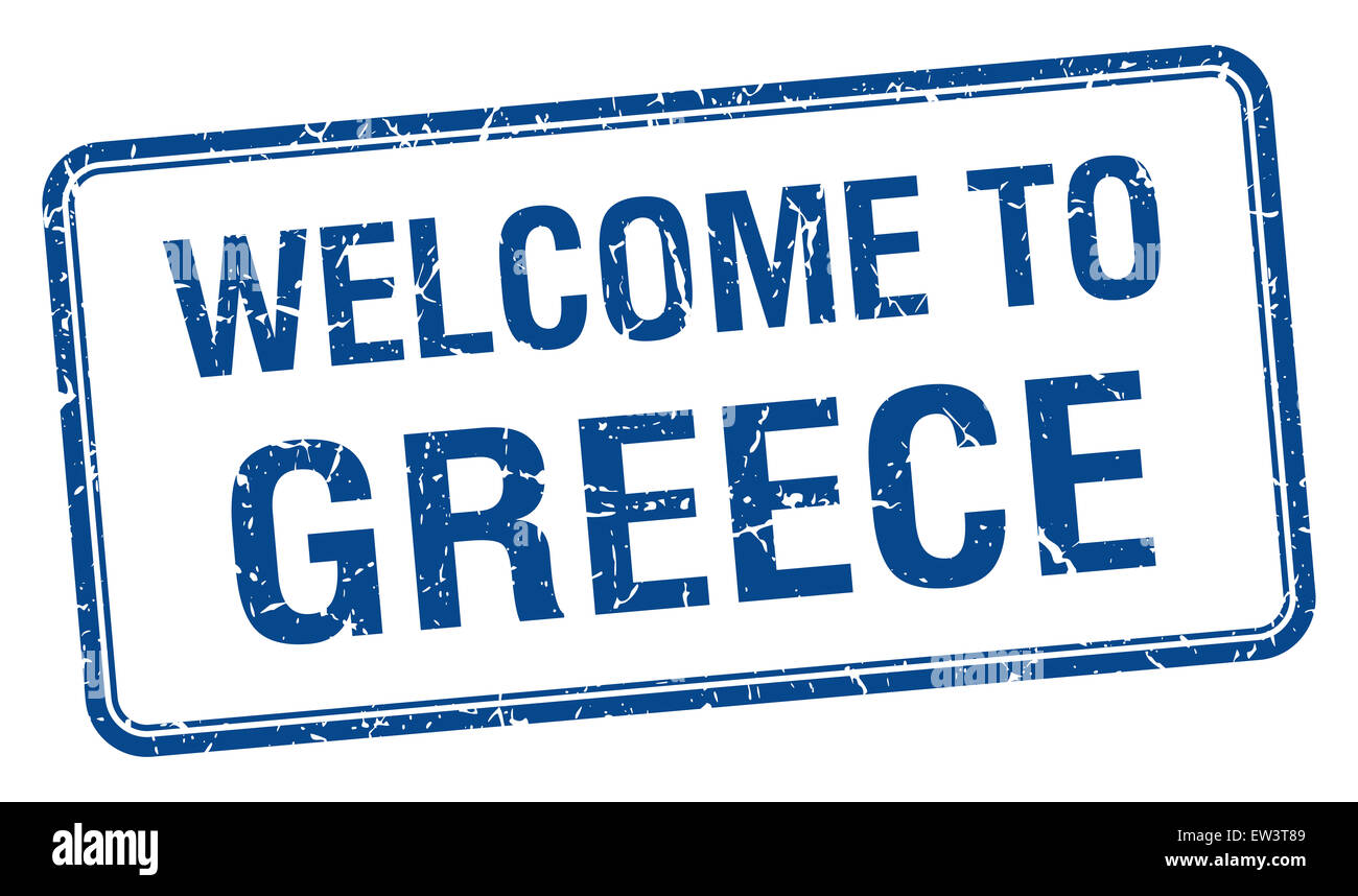 welcome to Greece blue grunge square stamp Stock Photo - Alamy
