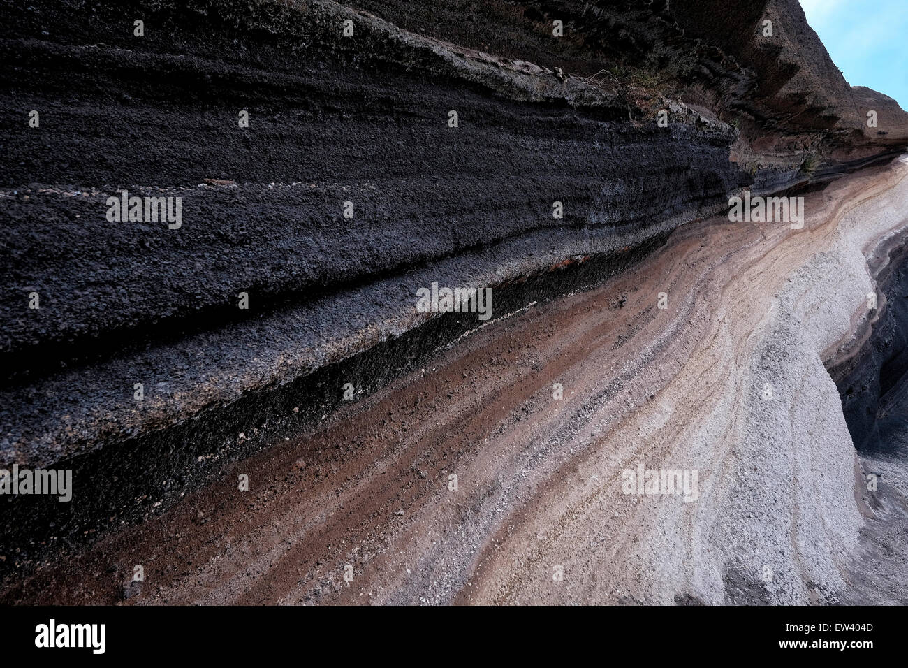 Layers of volcanic deposits and ash from previous eruptions at El Teide National Park a UNESCO ...