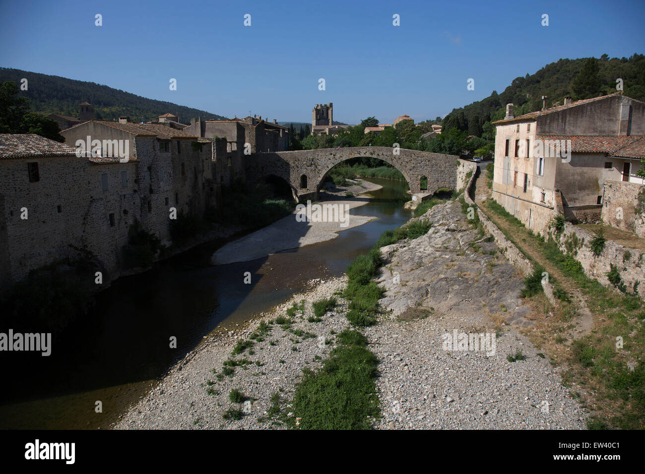 Scene in the medieval village of Lagrasse, Languedoc-Roussillon, France ...