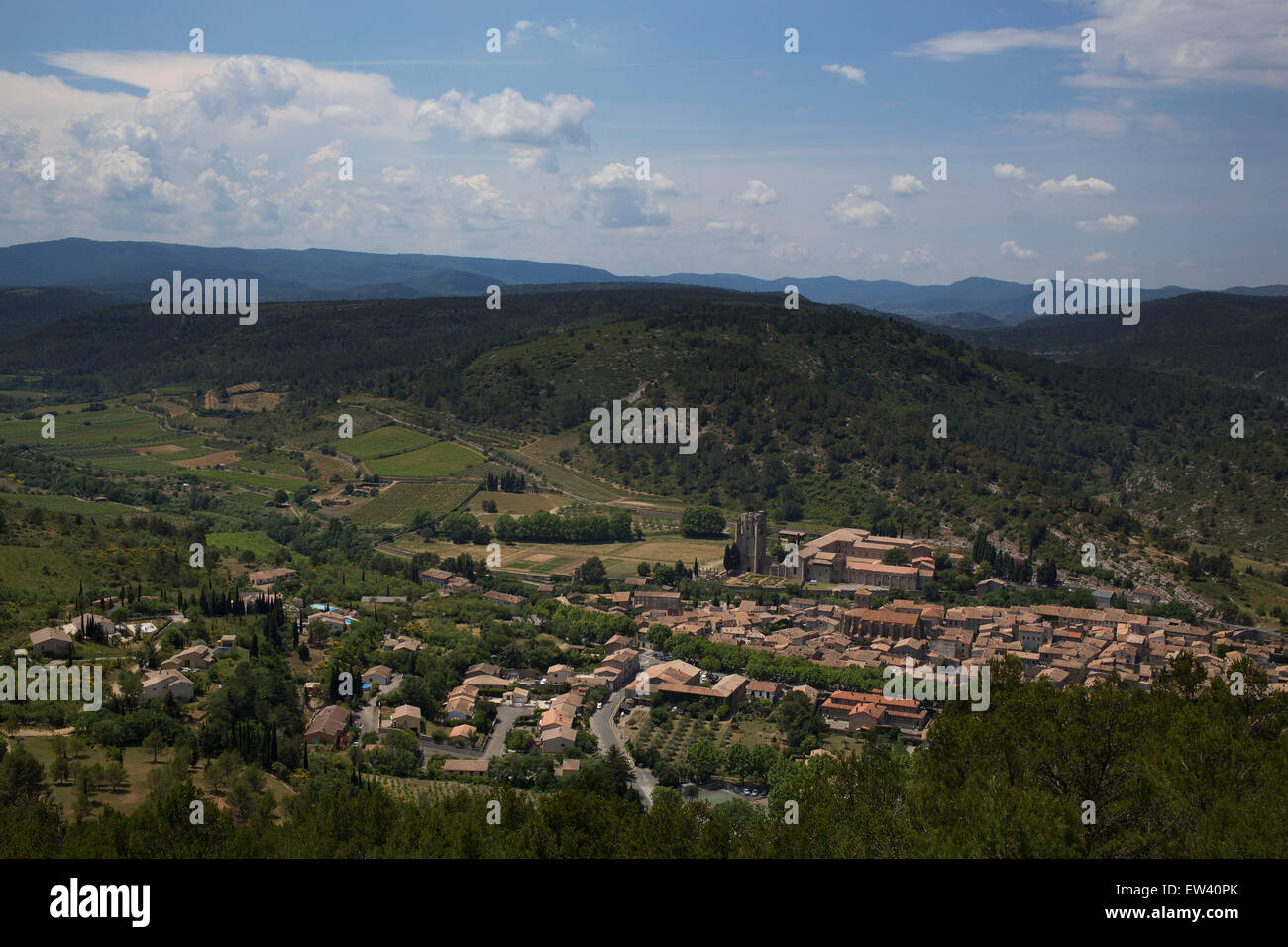 View looking down on the medieval village of Lagrasse, Languedoc ...