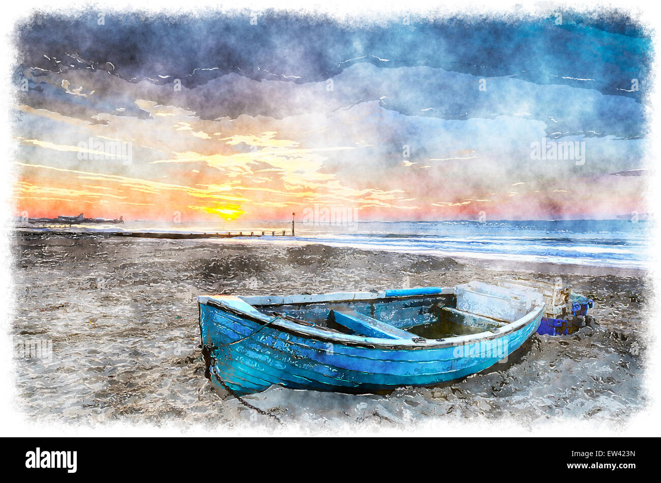 Turquoise blue fishing boat at sunrise on Bournemouth beach Stock Photo ...