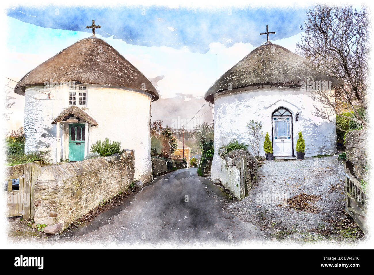 Beautiful thatched round houses at Veryan on the Roseland peninsular in ...