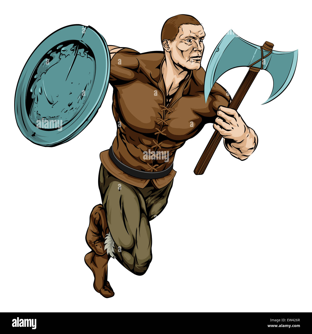 An illustration of a tough looking warrior mascot running with axe and ...