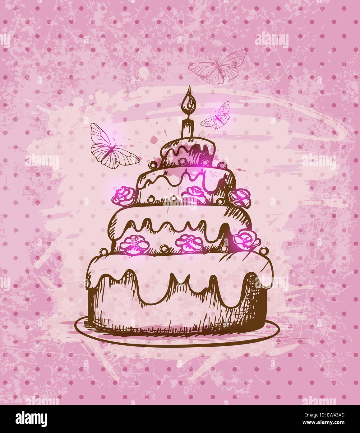 Vintage hand drawn cake on a pink background Stock Photo - Alamy