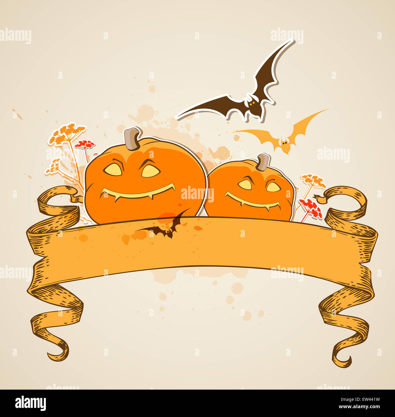 Halloween background with pumpkins and vintage banner Stock Photo - Alamy