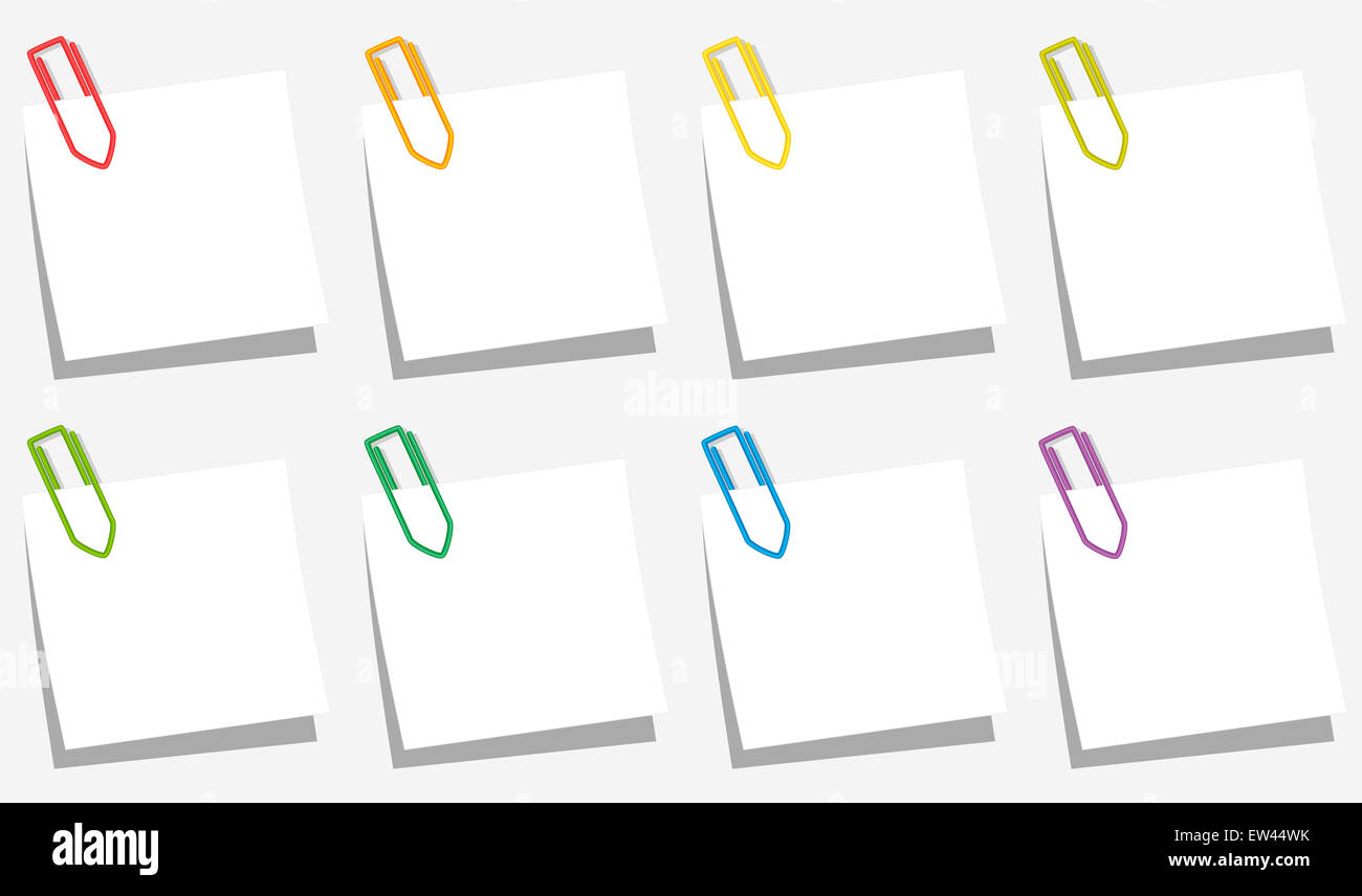 Paper clips pinned on square notepads - eight different colors ...