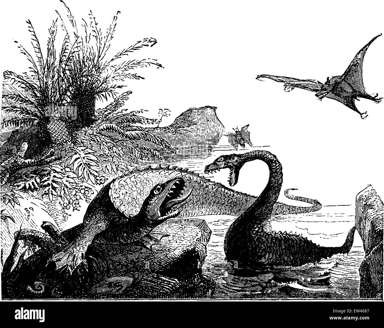 Scene from the Jurassic period, Ichthyosaur, plesiosaur, pterodactyls ...