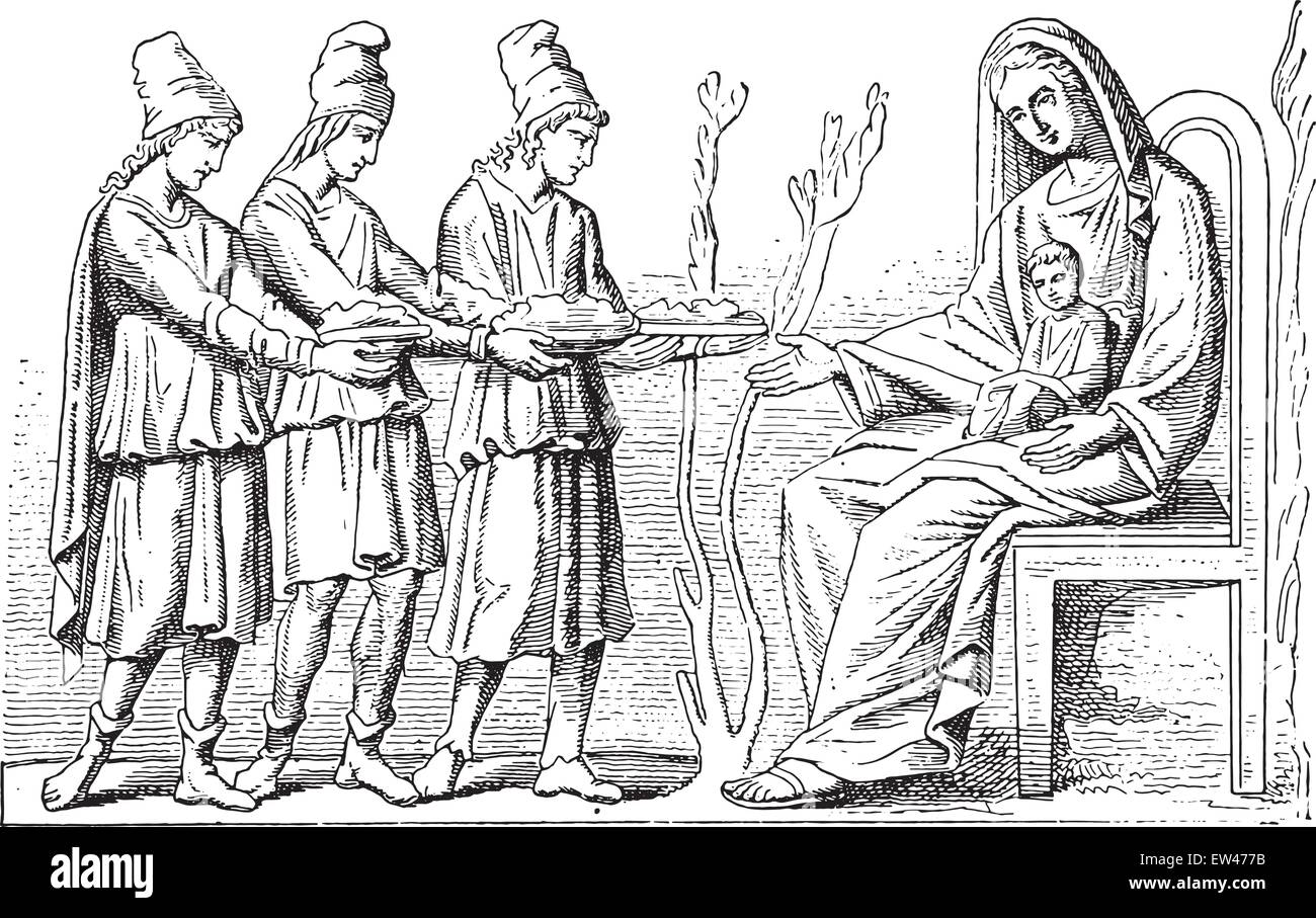 Virgin and holy Magi, vintage engraved illustration Stock Vector Image ...