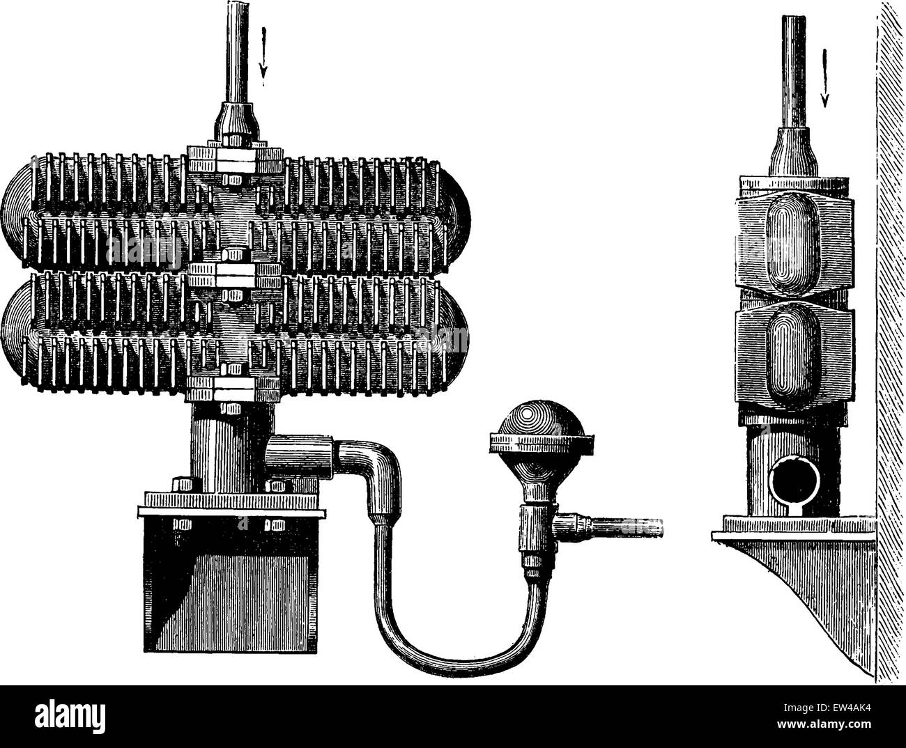 Stove steam German system, vintage engraved illustration. Industrial ...