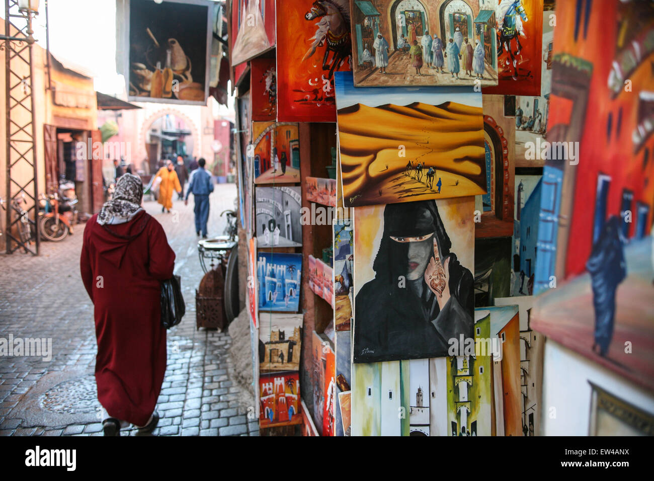 Artwork for sale, especially to tourists, in the souk of Marrakesh ...