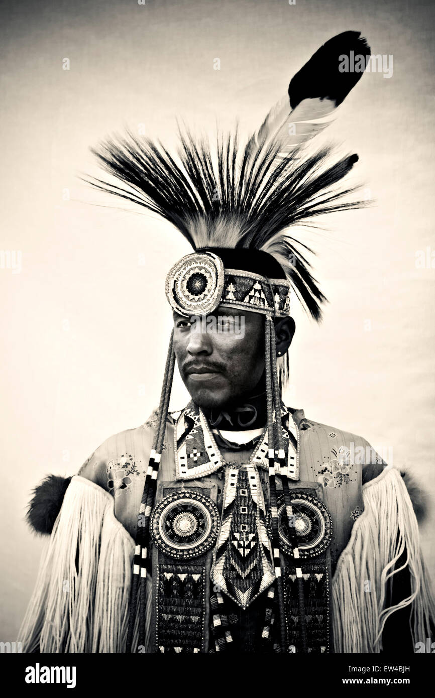 Portrait of a Native American man wearing an elaborate feather and bead ...