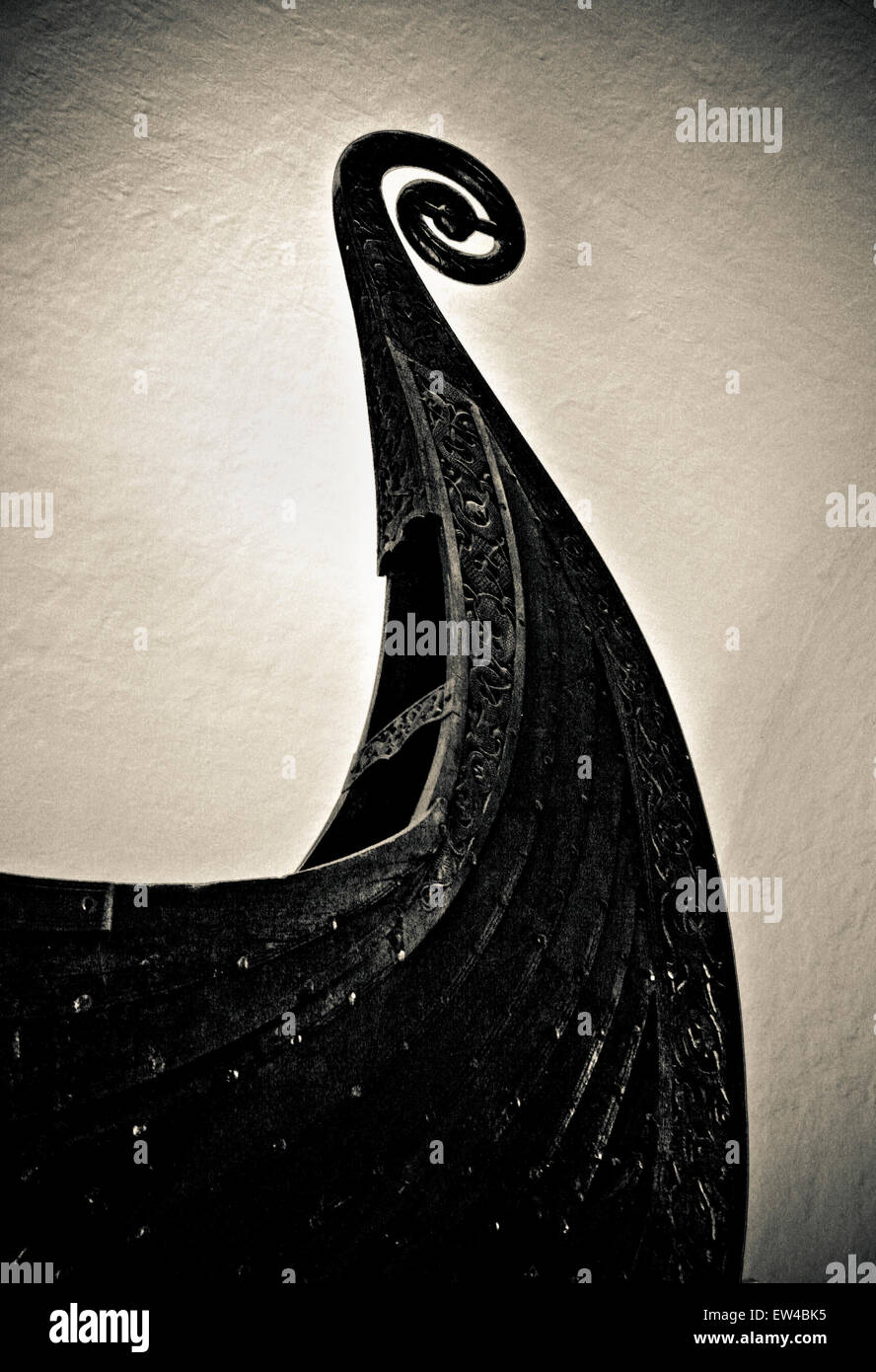 Close-up of the bow of a wooden Viking ship at the Viking Ship Museum ...