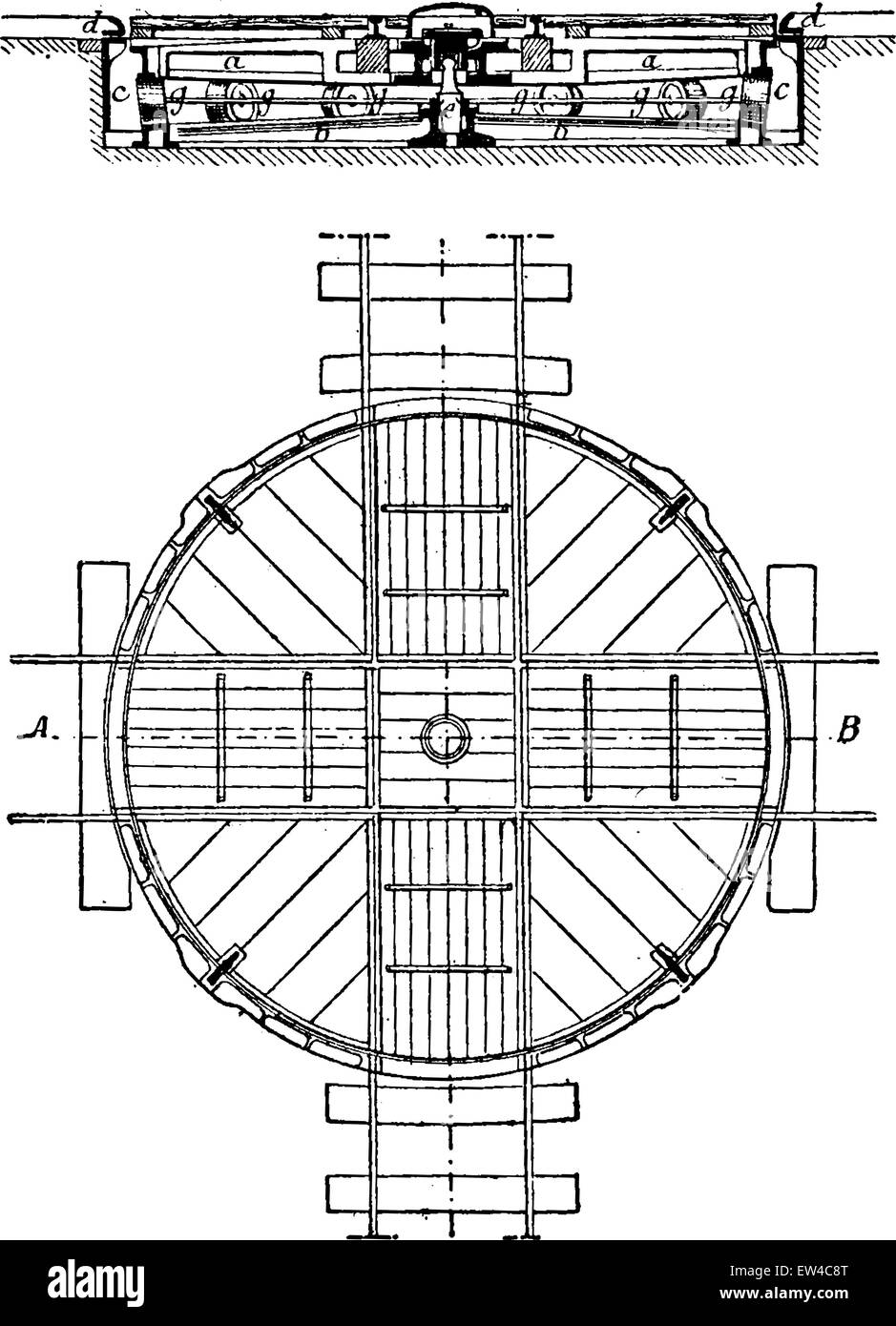Turntable, Plan and section, vintage engraved illustration. Industrial ...
