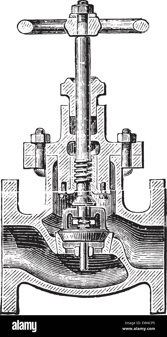 Globe valve; sectional view, vintage engraved illustration. Industrial ...