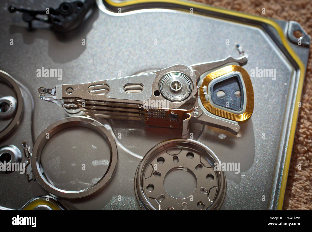 The internals of a computer hard drive - read-write heads, disc ...