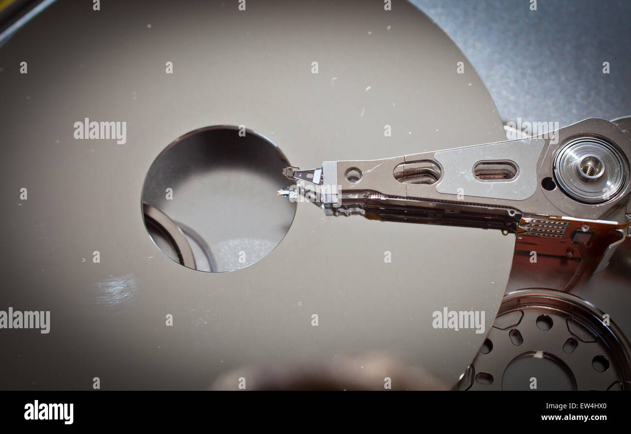 The internals of a computer hard drive - read-write heads, disc ...