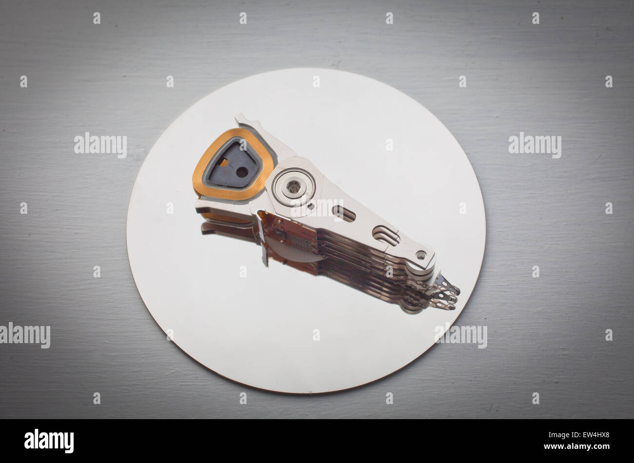 The internals of a computer hard drive - read-write heads, disc ...