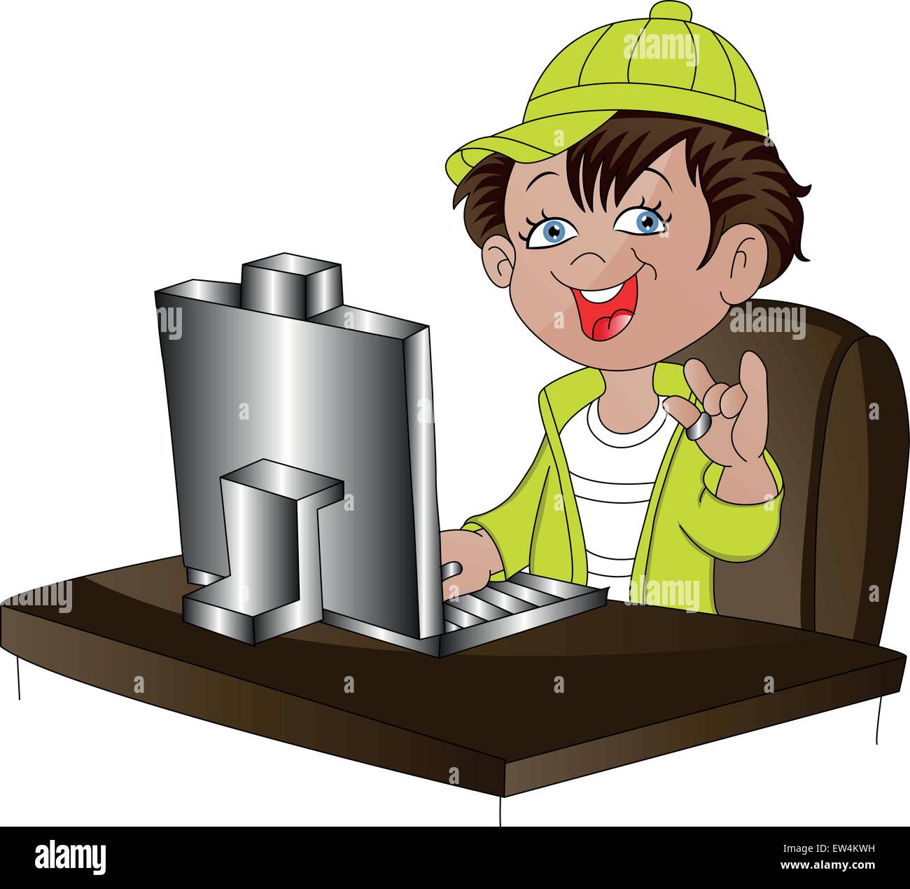Vector illustration of a man gesturing while using computer at office ...