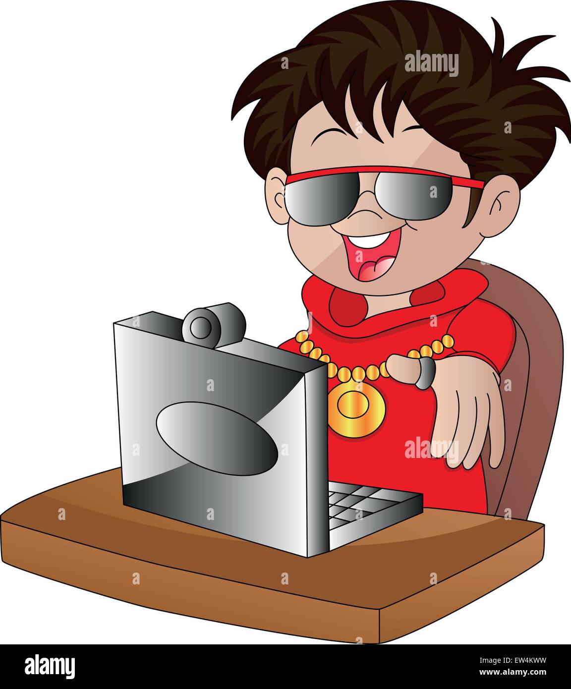 Vector illustration of a man giving thumbs up while using computer at ...