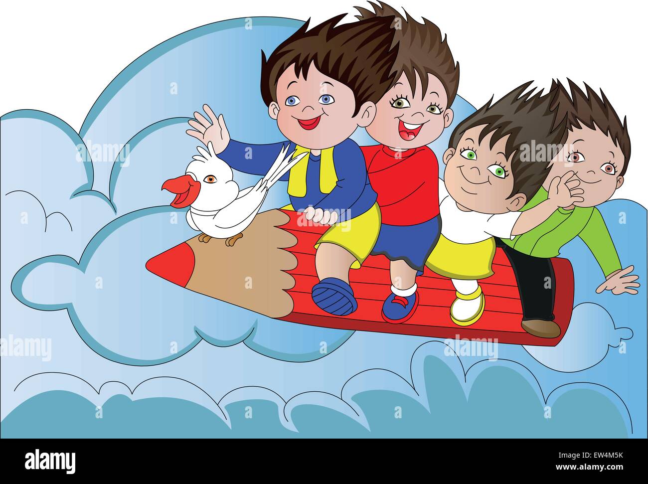 Vector illustration of happy little children with bird flying on pencil ...