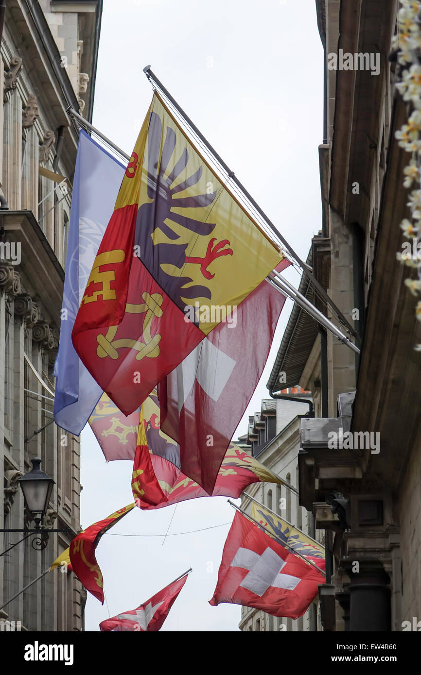 Flags flying in Old Geneva Stock Photo - Alamy