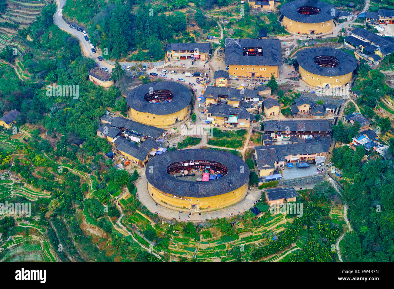 China, Fujian province, Tian Luokeng village, Tulou mud house. well ...