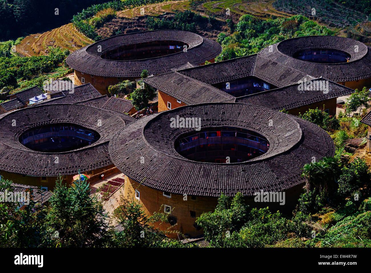 China, Fujian province, Tian Luokeng village, Tulou mud house. well ...