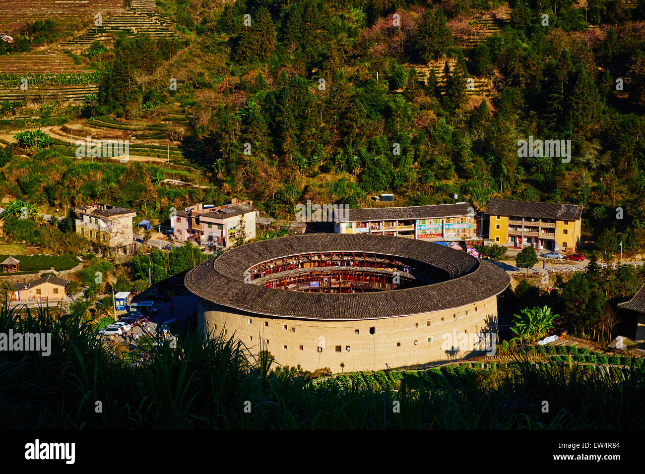 China, Fujian province, Yuchang Lou village, Tulou mud house. well ...