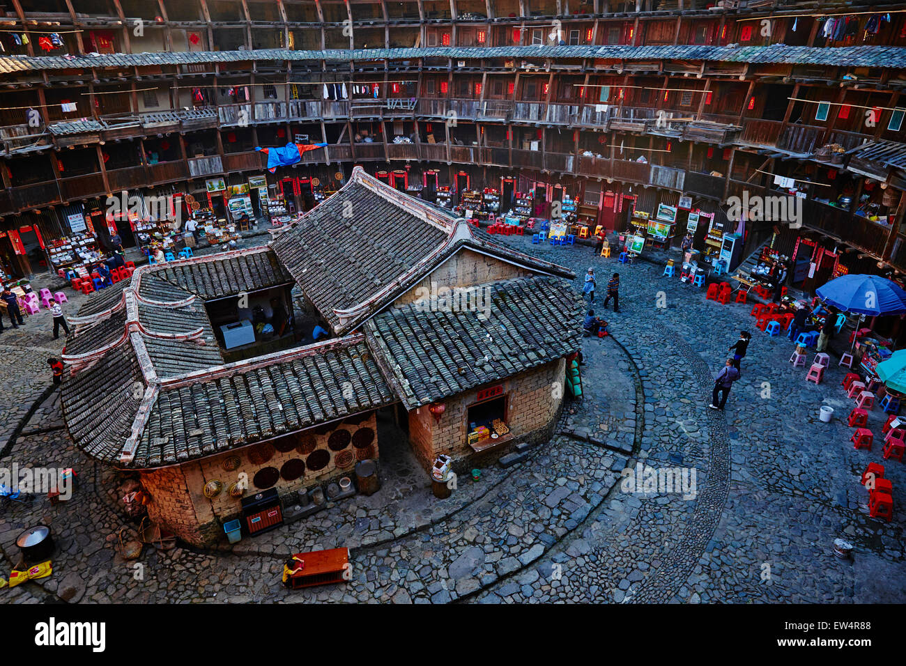 China, Fujian province, Yuchang Lou village, Tulou mud house. well ...