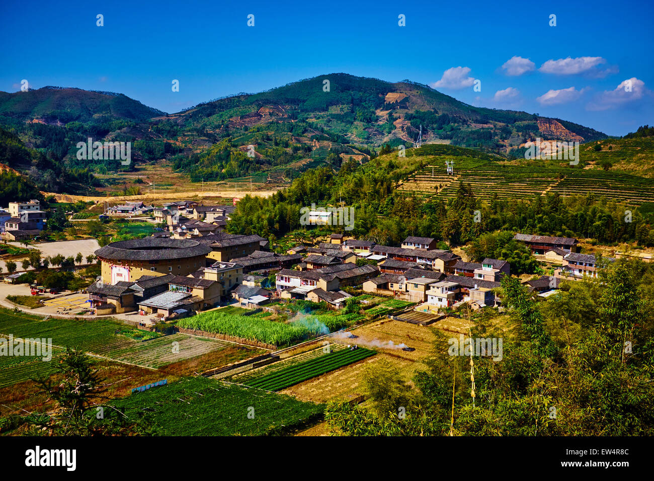 China, Fujian province, Huaiyuan Lou village, Tulou mud house. well ...