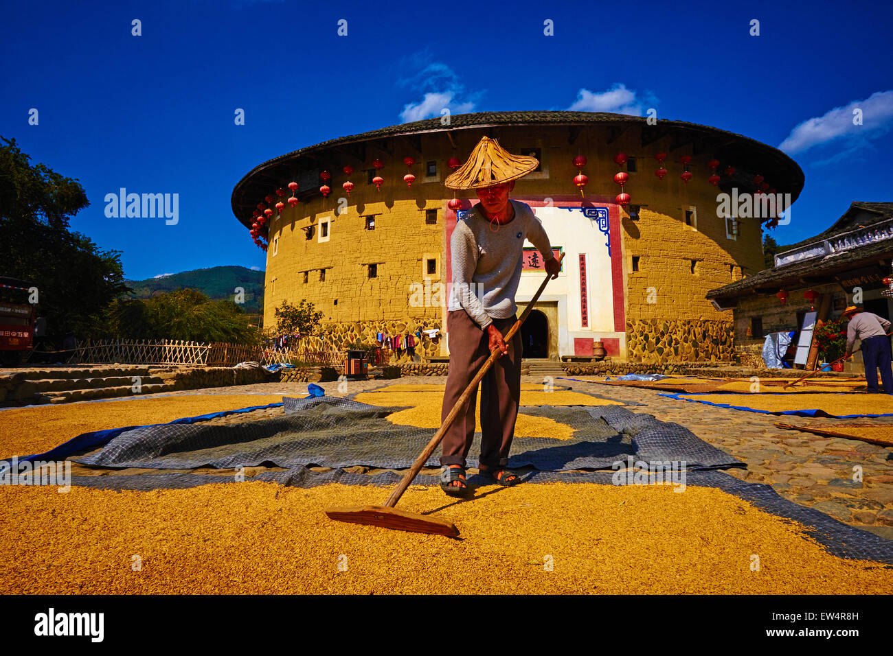China, Fujian province, Huaiyuan Lou village, Tulou mud house. well ...