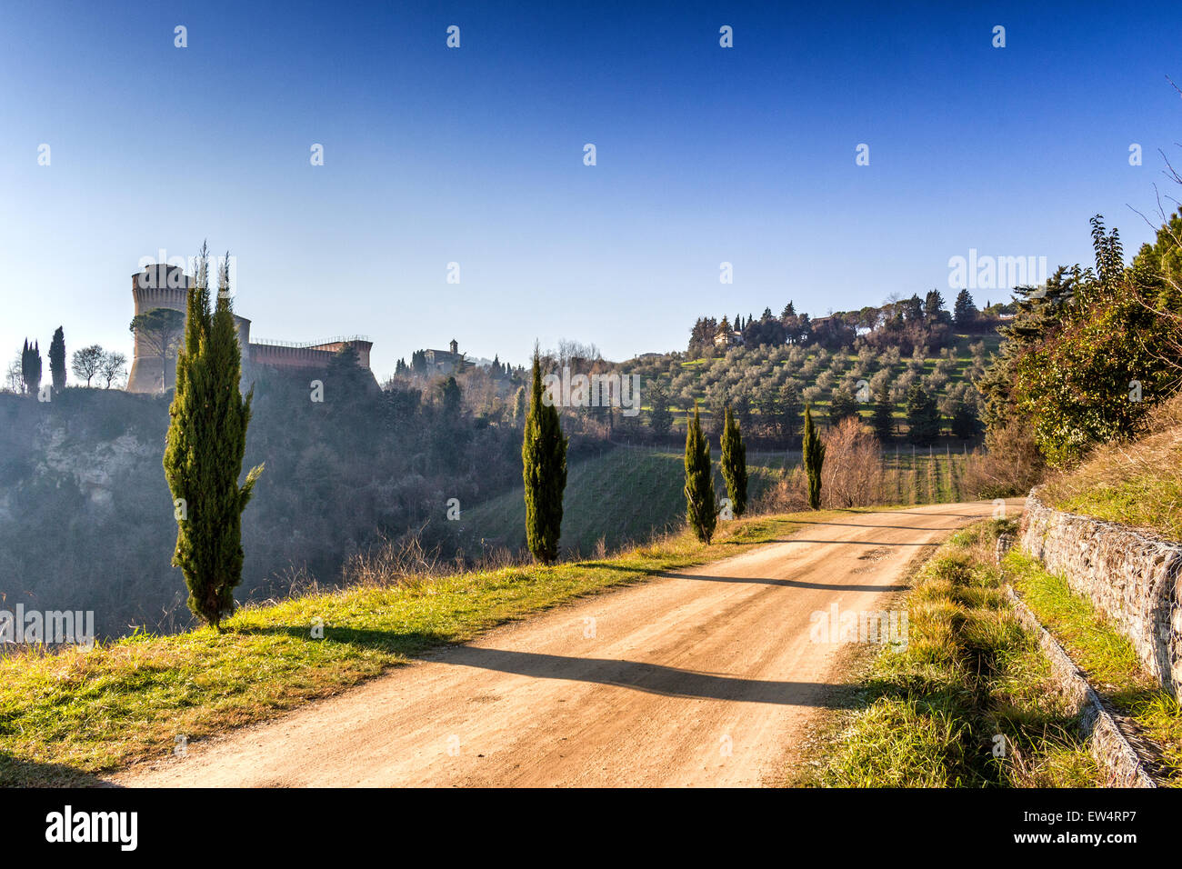 Cypress trees bordering a walk path to a medieval fortress and a ...